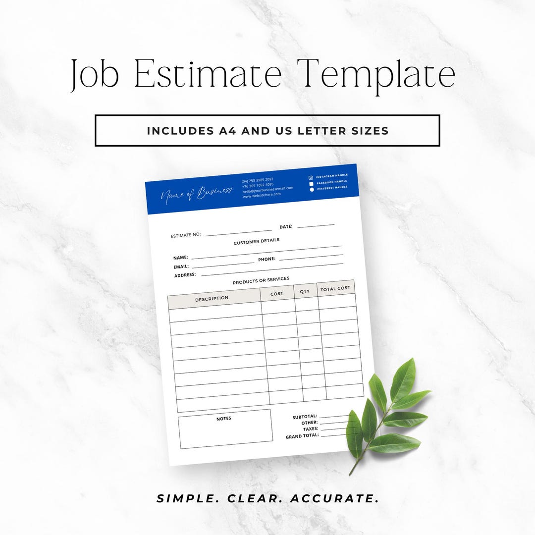Job Estimate Template Canva, Editable Service Estimate Form for Small ...