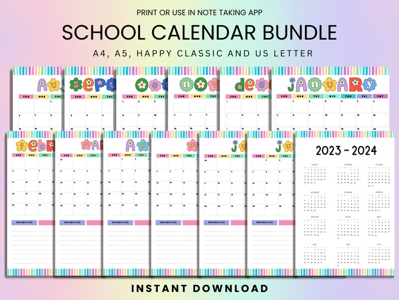 School Year Calendar Printable 2023-2024 Bundle Monthly - Etsy UK