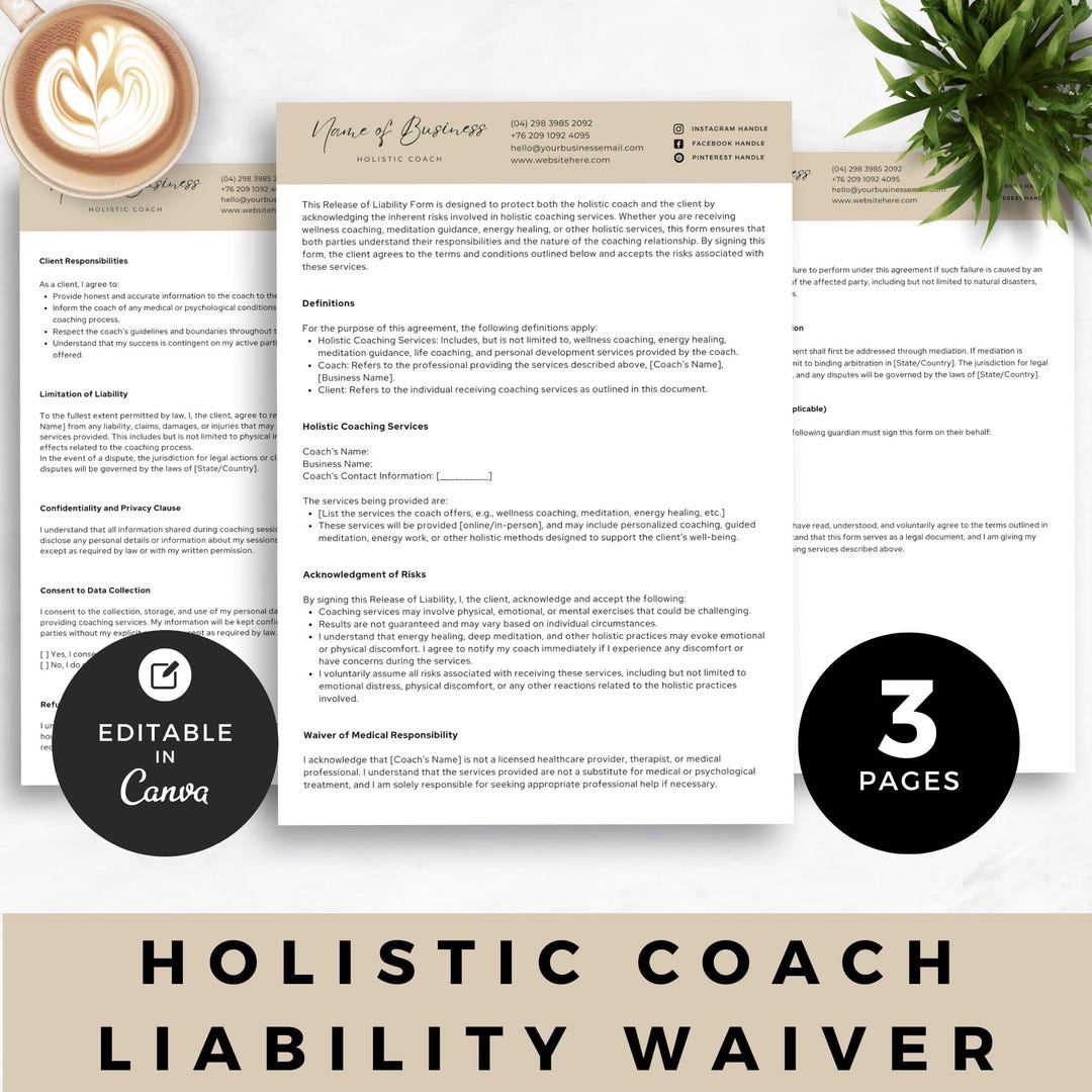 Holistic Coach Liability Waiver Form Editable Health Coaching Waiver ...
