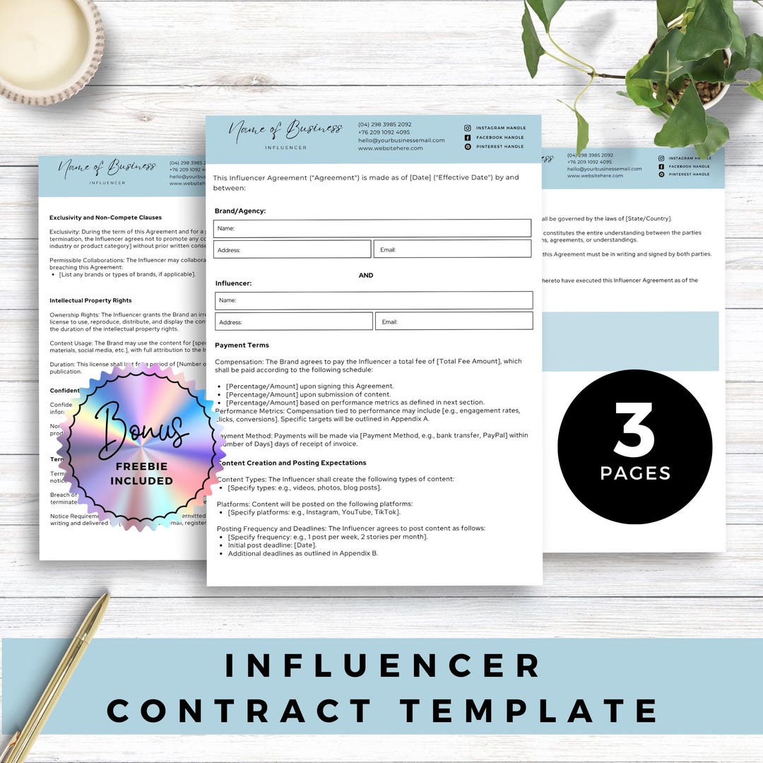 Influencer Contract Template, Editable Brand Agreement, Content Creator ...
