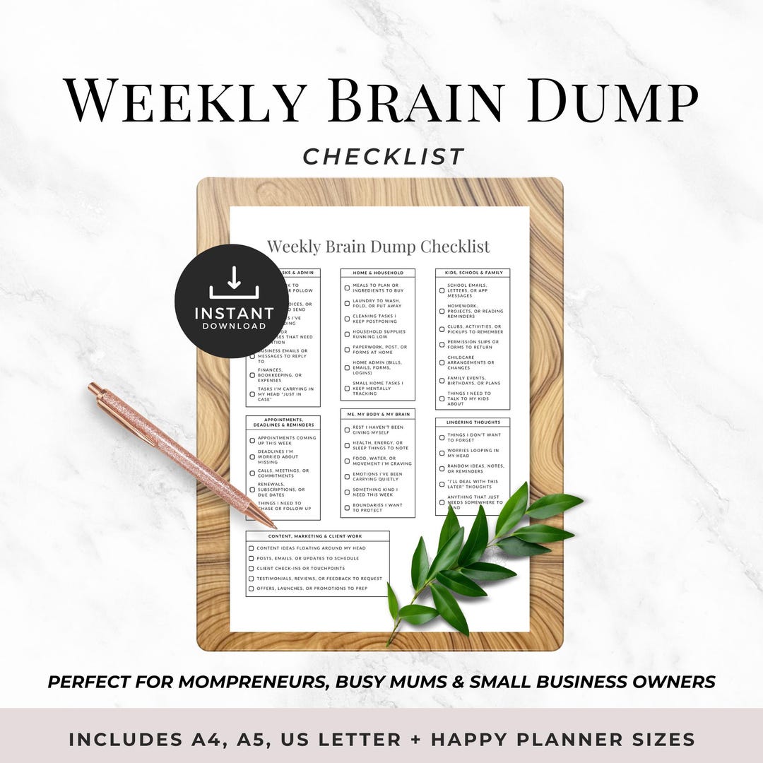 Weekly Brain Dump Checklist Printable, Mompreneur to Do List Planner ...