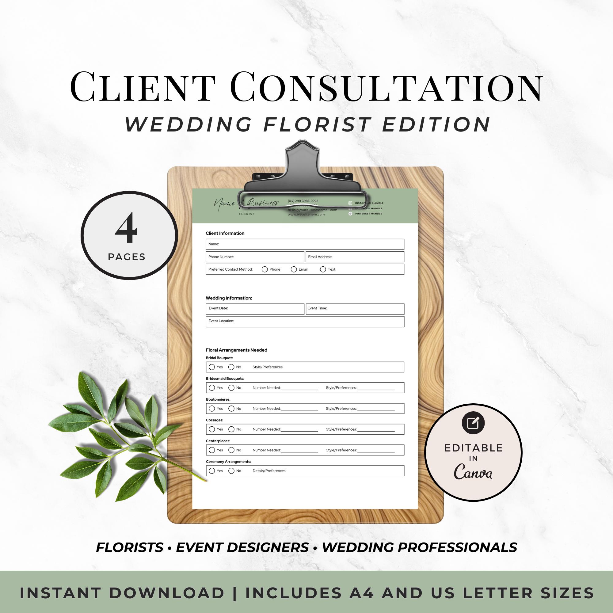Wedding Florist Consultation Form Template Floral Design Planning Guide ...