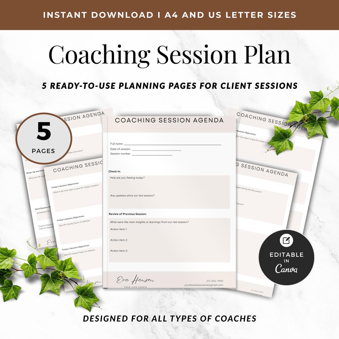 Coaching Session Template, Printable Worksheets for Coaches, Editable ...