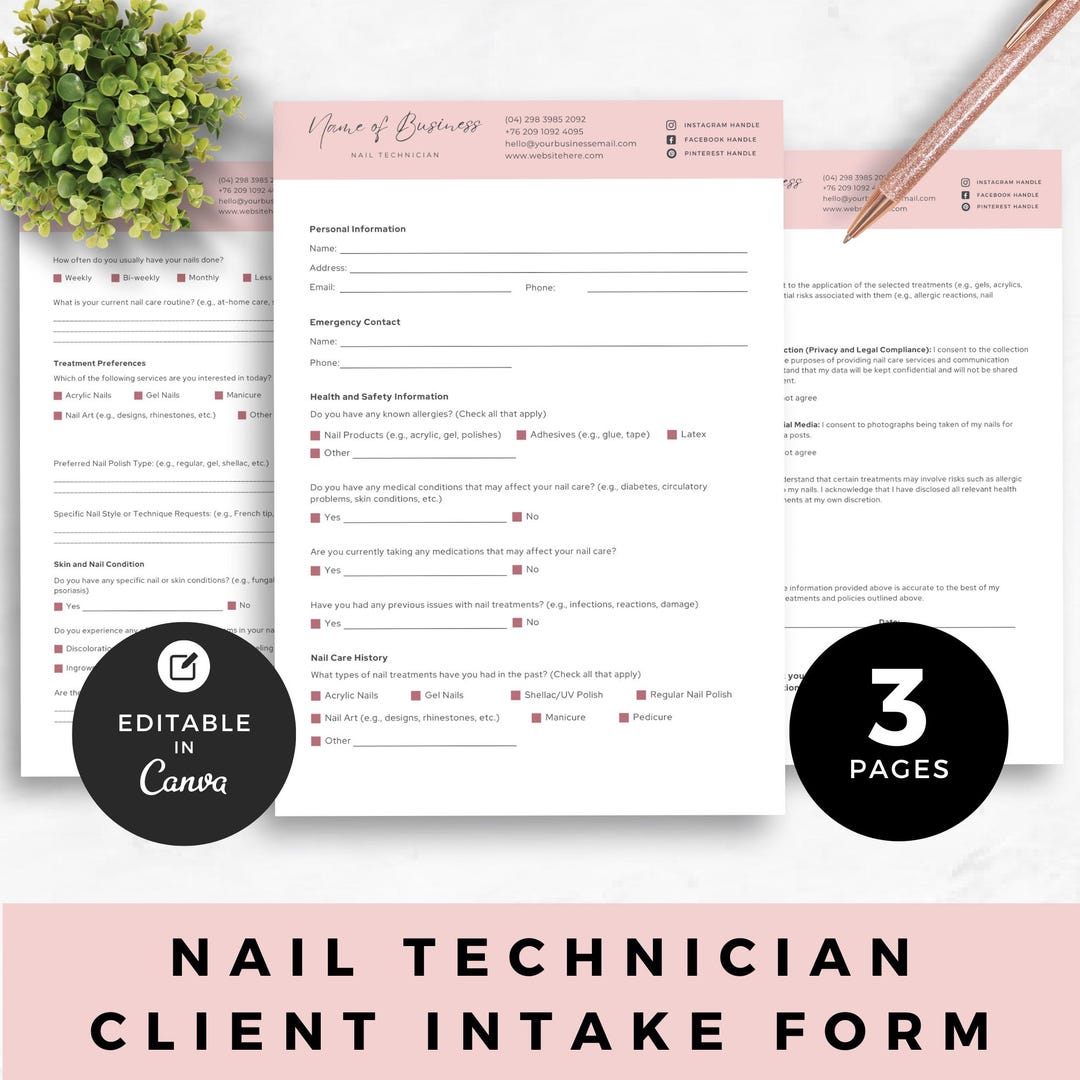 Nail Tech Client Intake & Consent Forms | Editable Consultation Form for Nail Salons | Printable ...