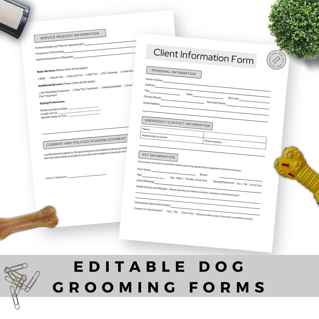 Editable Dog Grooming Business Forms Pet Grooming Client Intake Sheet ...