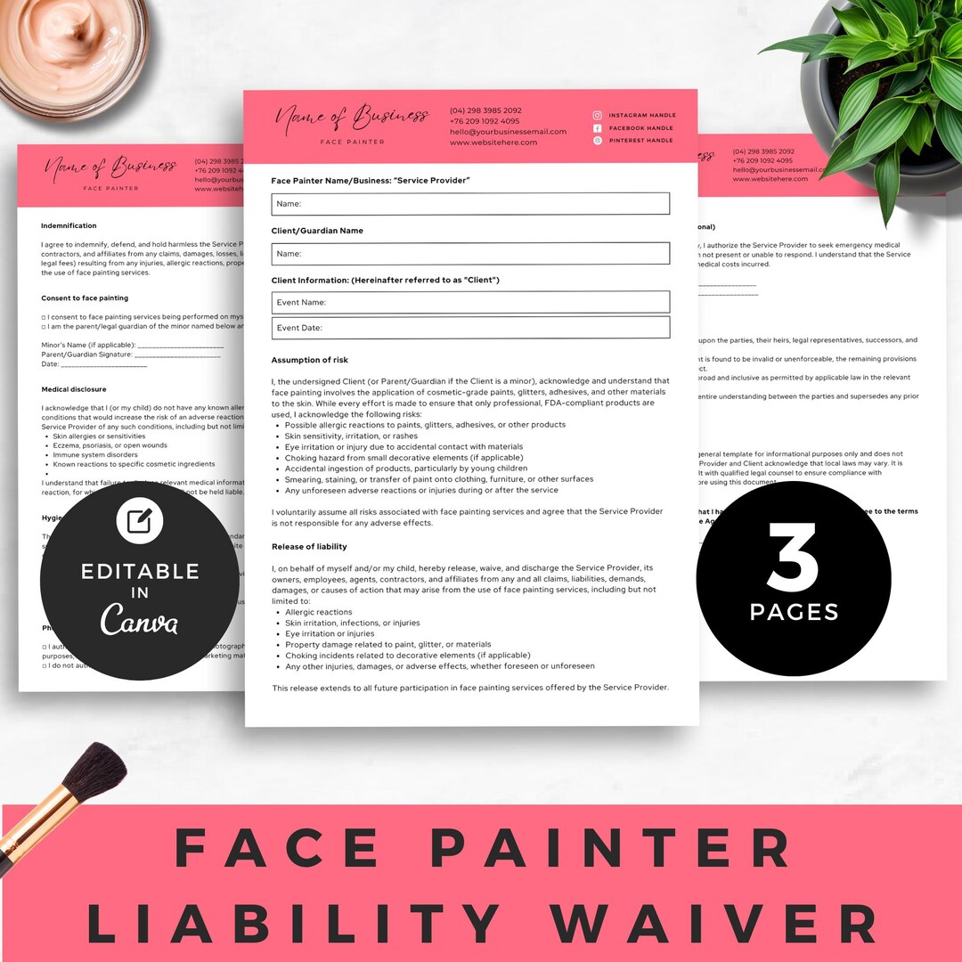 Editable Face Painter Liability Waiver Template | Printable Canva ...