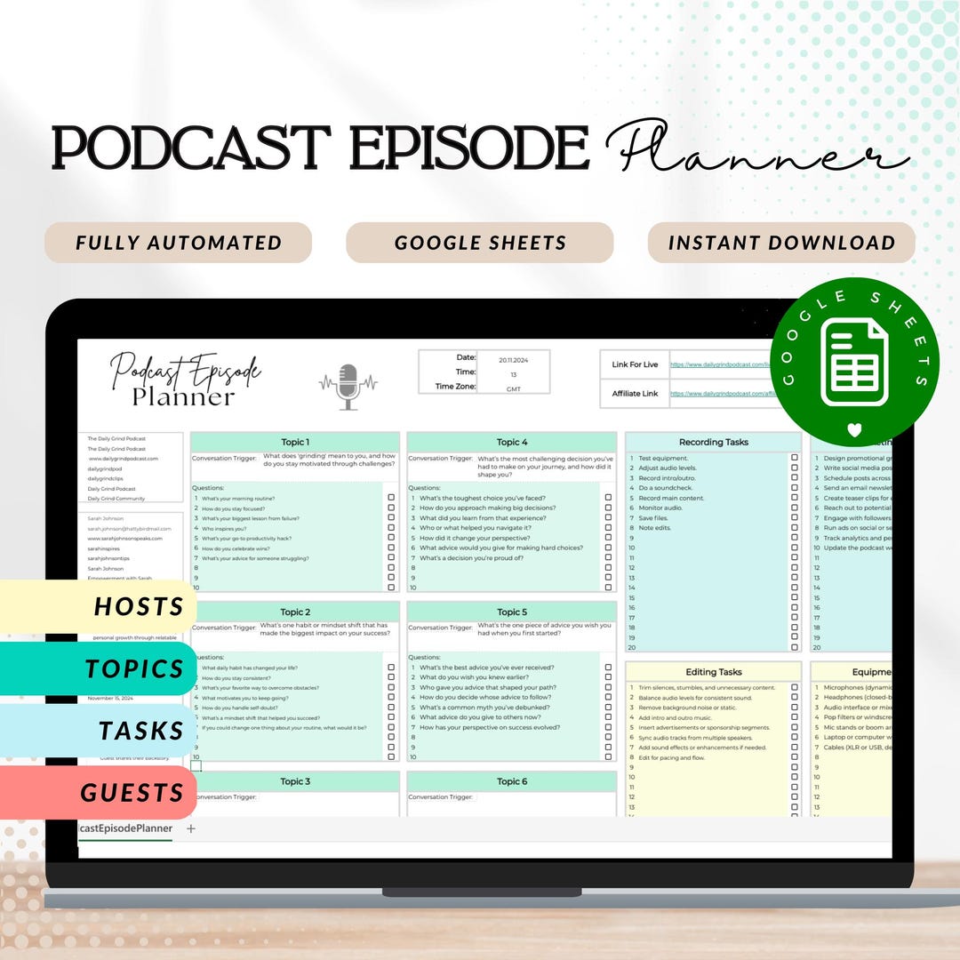 Podcast Episode Planner Template Google Sheets Content Calendar ...
