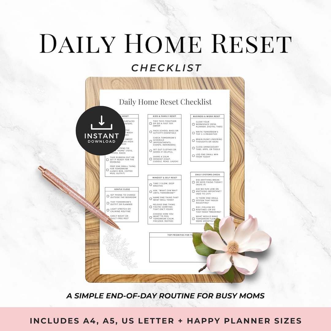 Daily Home Reset Checklist Printable, End of Day Reset Routine for Busy ...