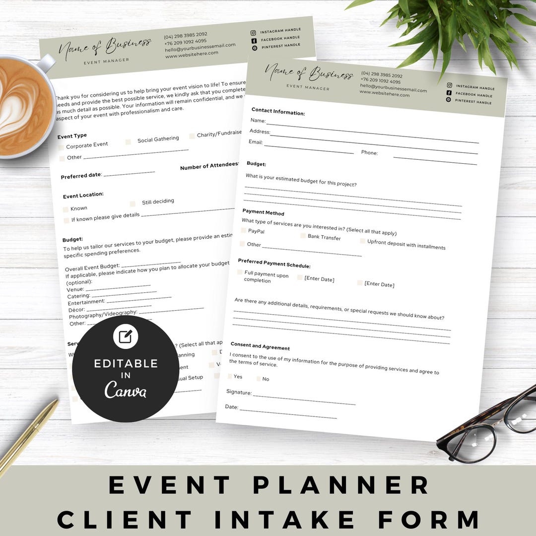 Event Planner Client Intake Template Editable Event Coordination ...