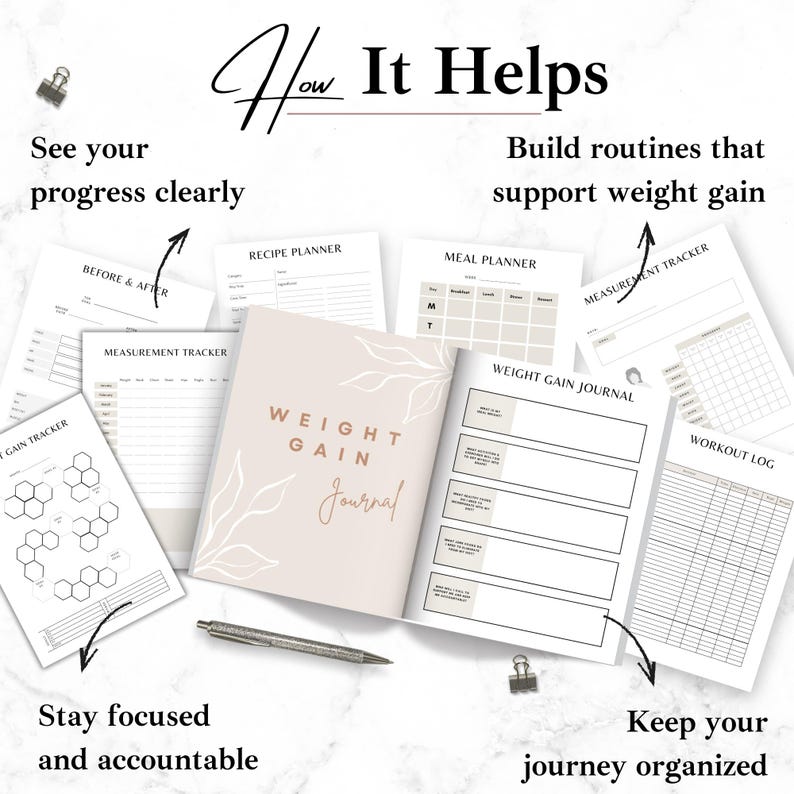 Weight Gain Journal Printable Workout Tracker Body Measurement Log Meal ...