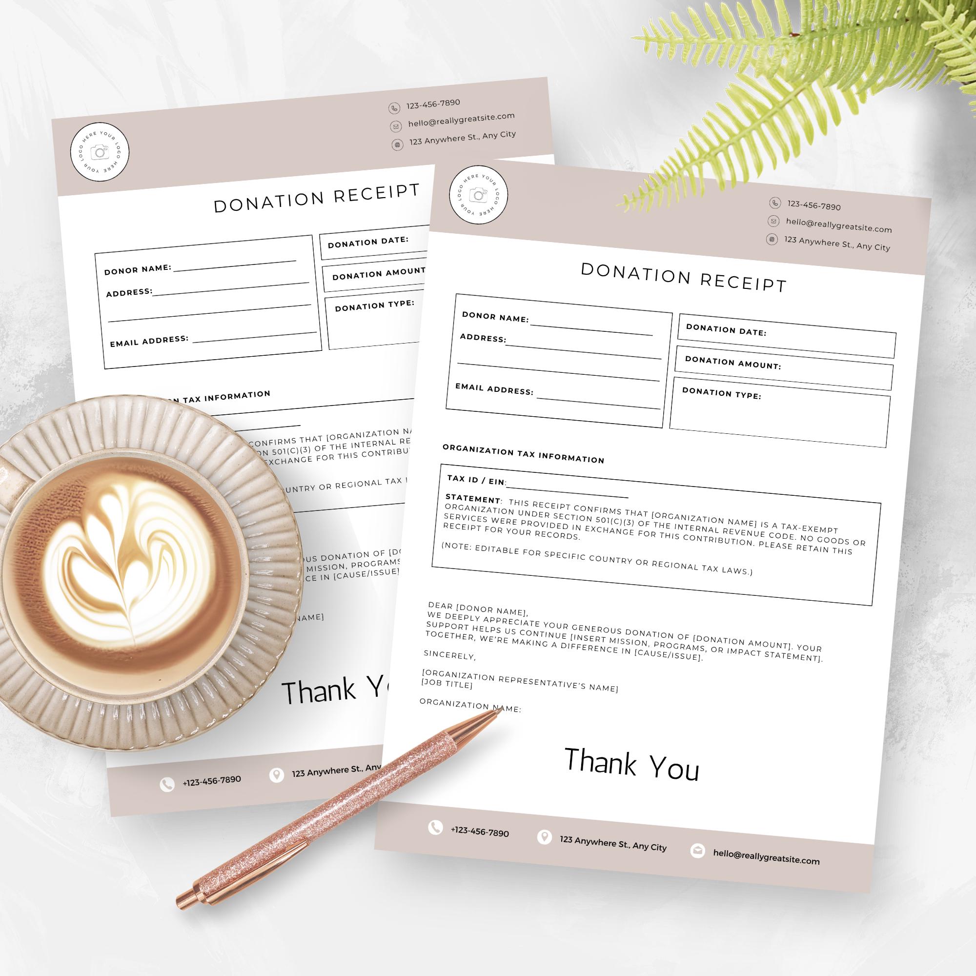 Donation Receipt Template Editable Non Profit Business Form Charity ...