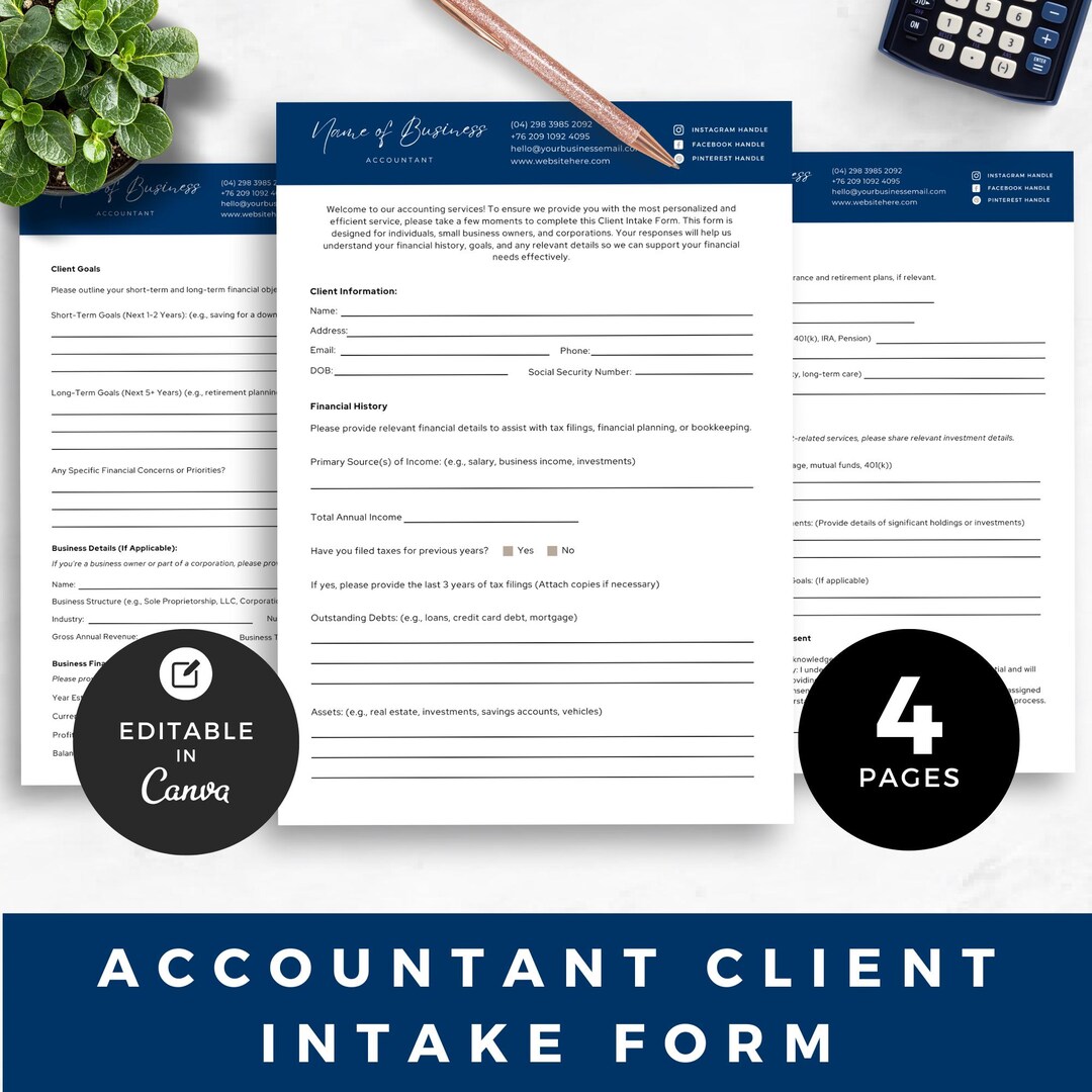 Accountant Client Intake Form Template Editable Bookkeeping Client ...