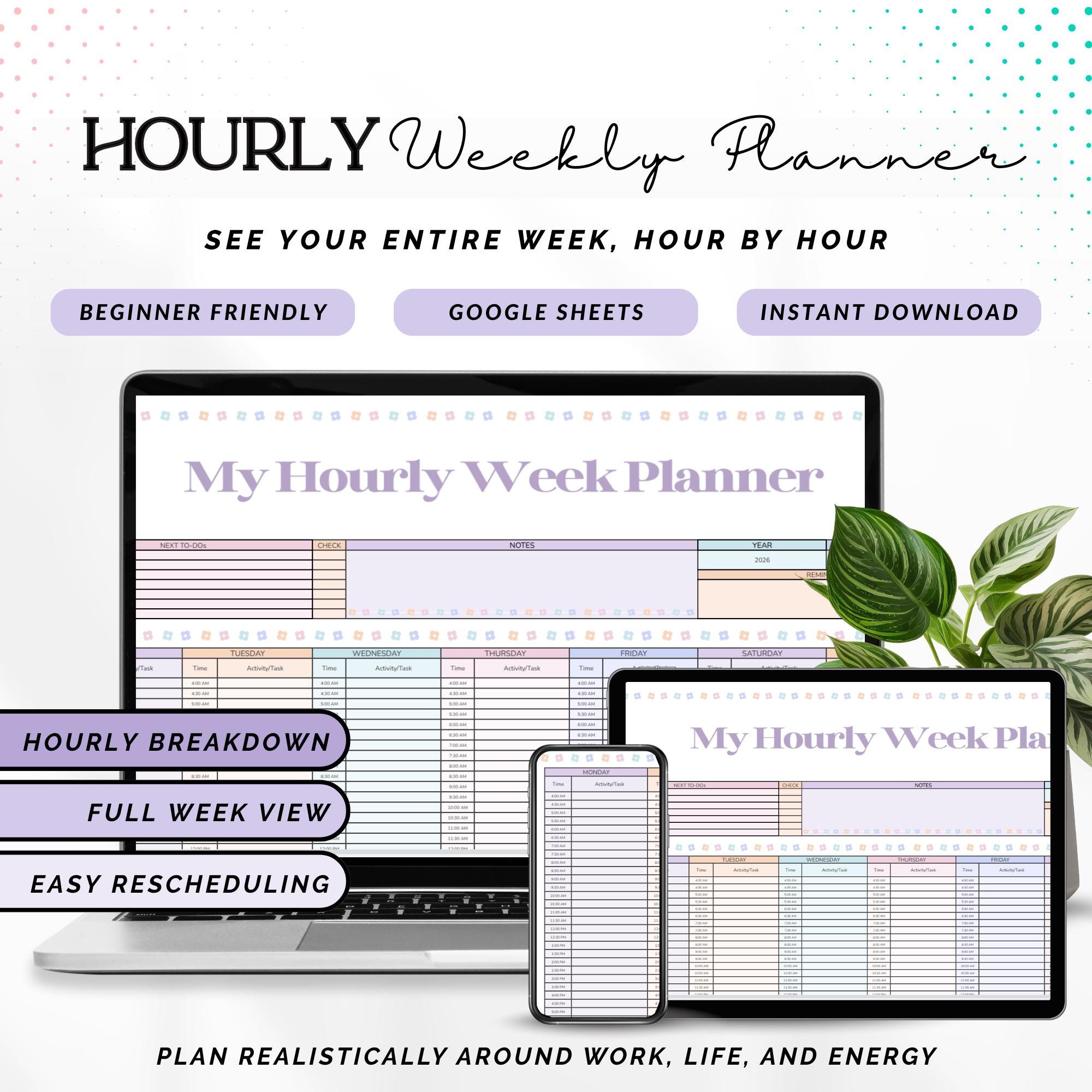 Hourly Weekly Planner Spreadsheet, Time Blocking Calendar, Google ...