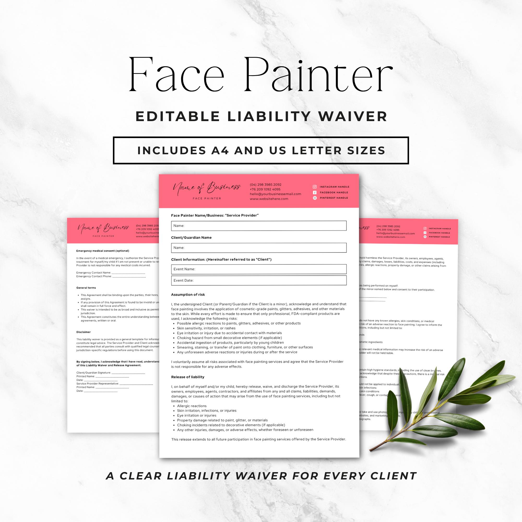 Editable Face Painter Liability Waiver Template | Printable Canva ...
