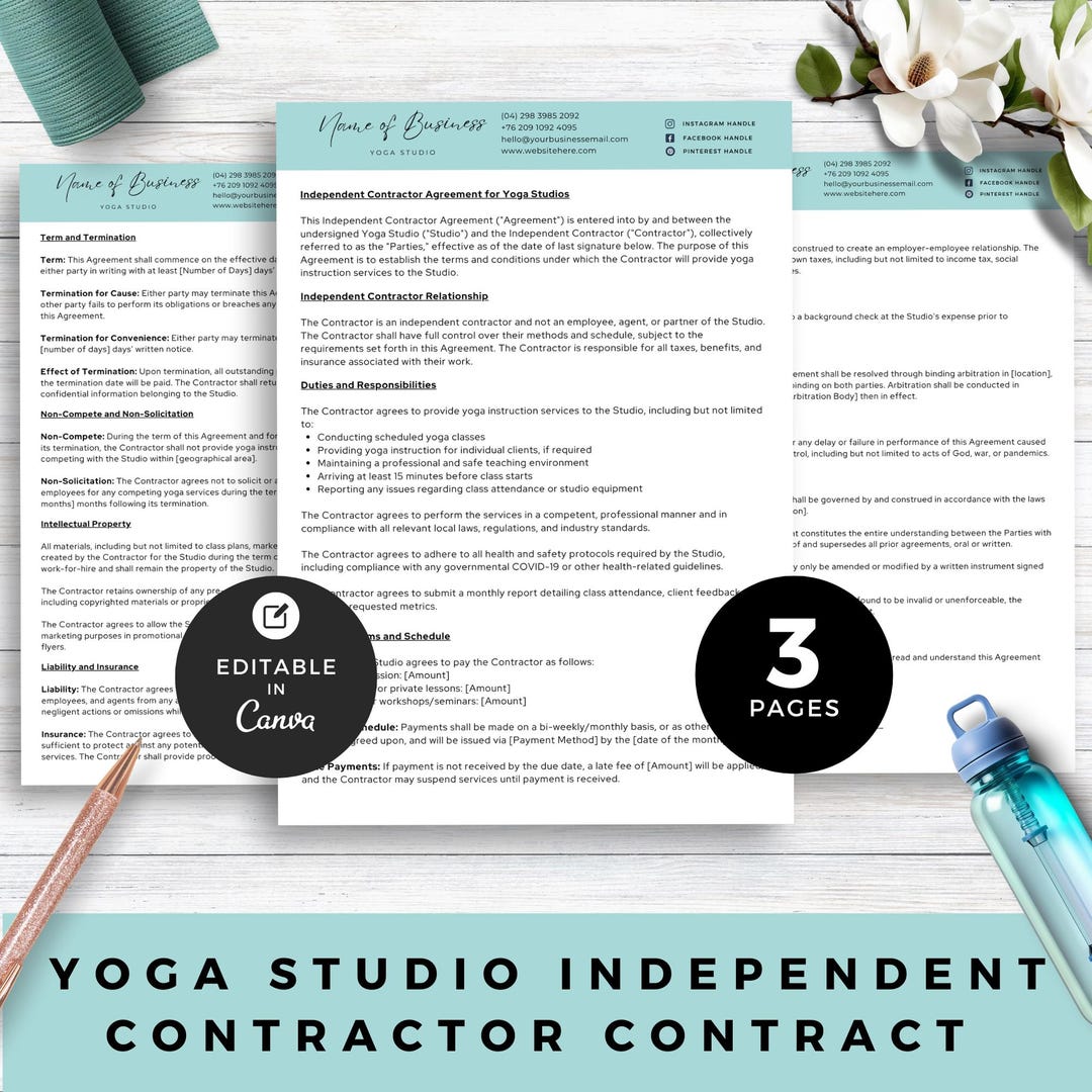 Yoga Studio Contract Template for Independent Contractor Service Agreement Form Editable Studio ...
