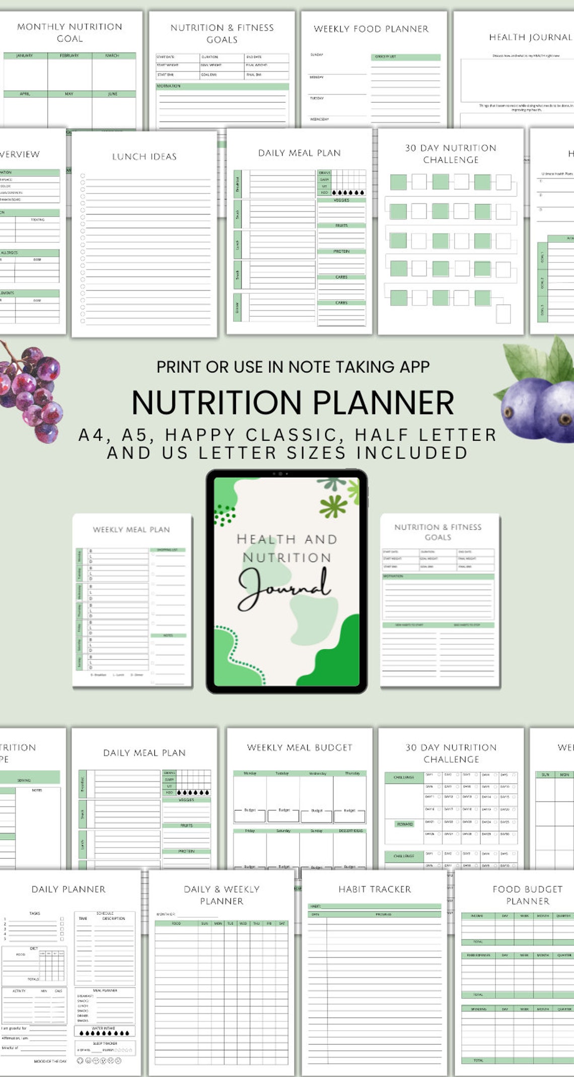 Nutrition Log Printable Planner for Nutrition Tracker Food Log Meal ...
