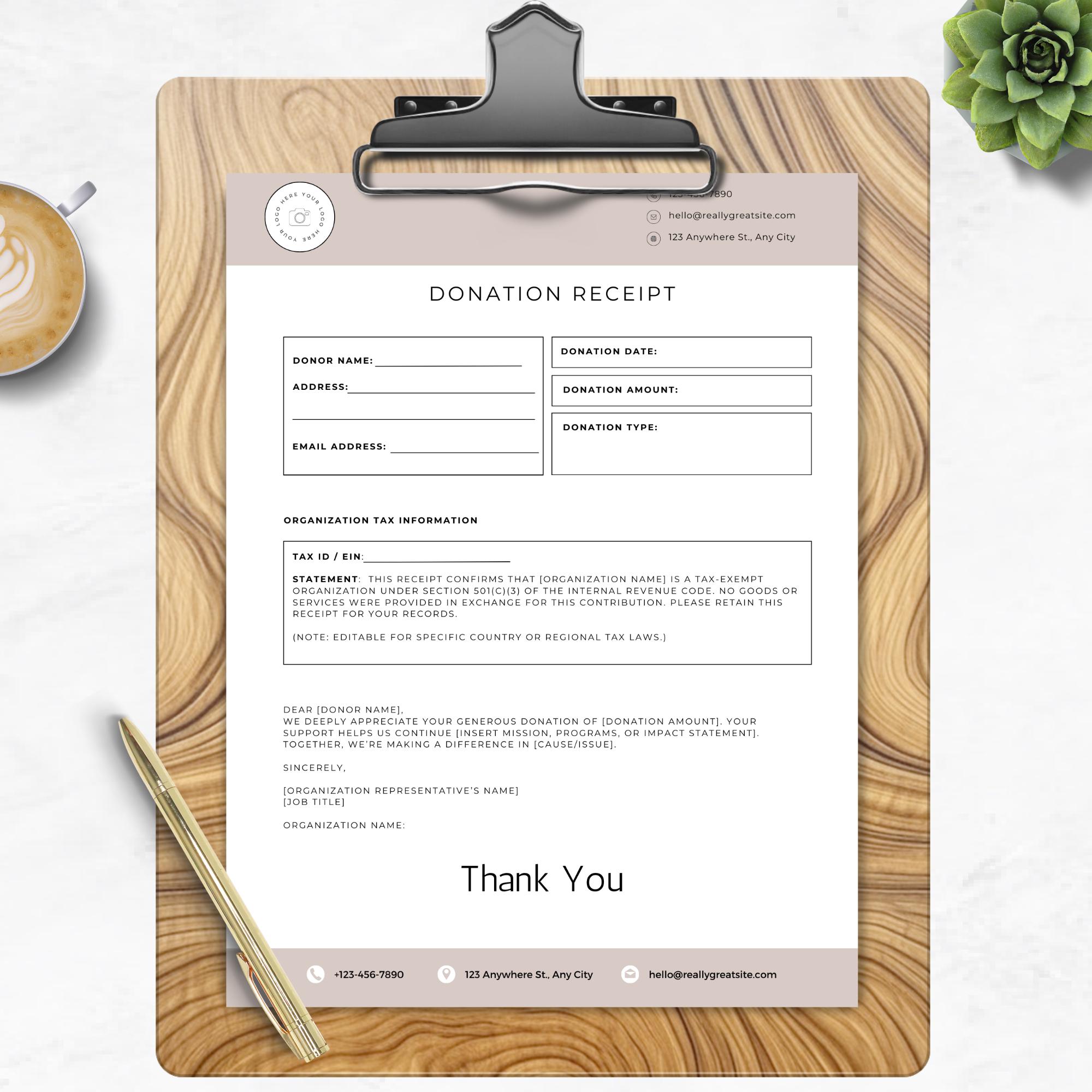 Donation Receipt Template Editable Non Profit Business Form Charity ...