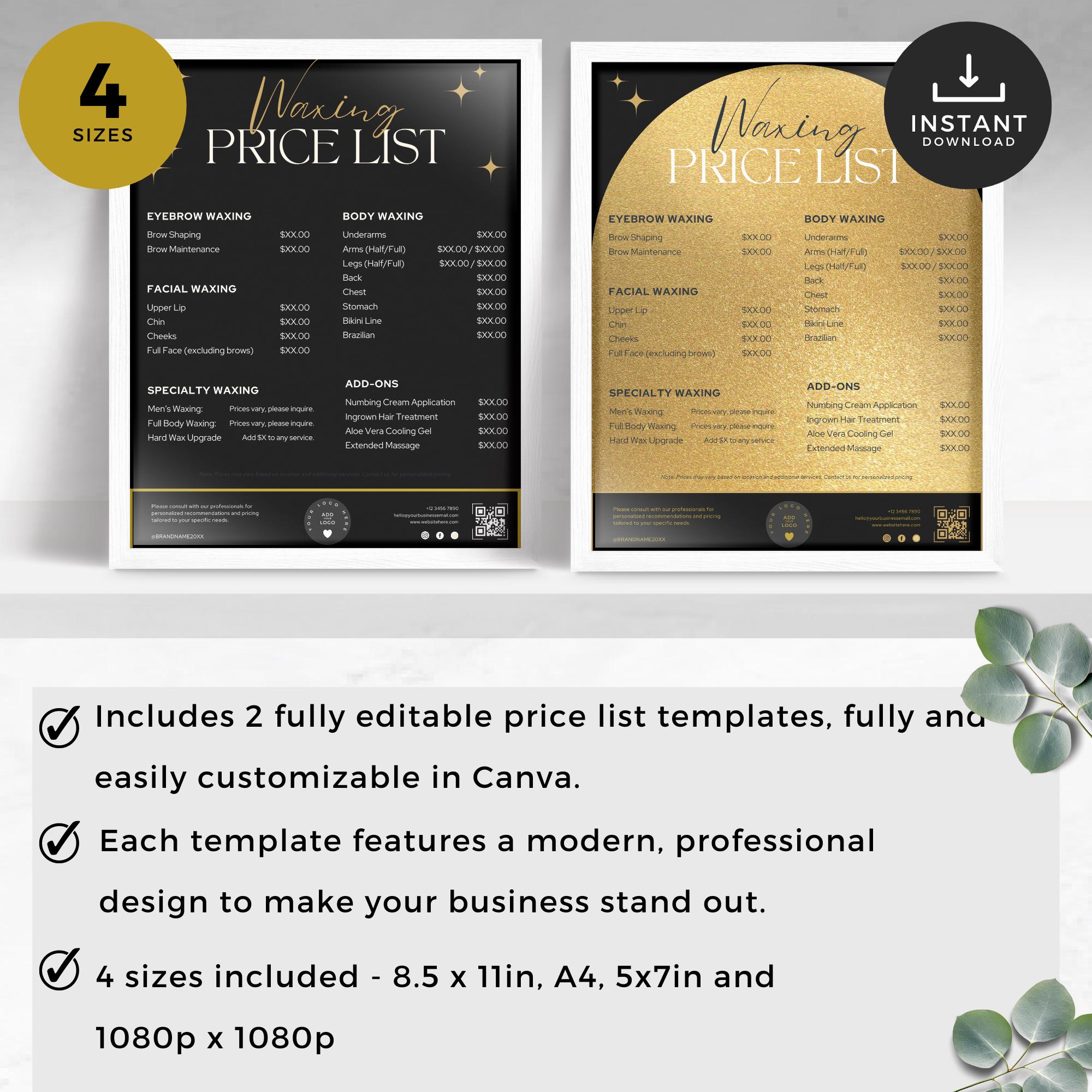 Editable Salon Price List Template Printable Waxing Pricing Guide | DIY ...
