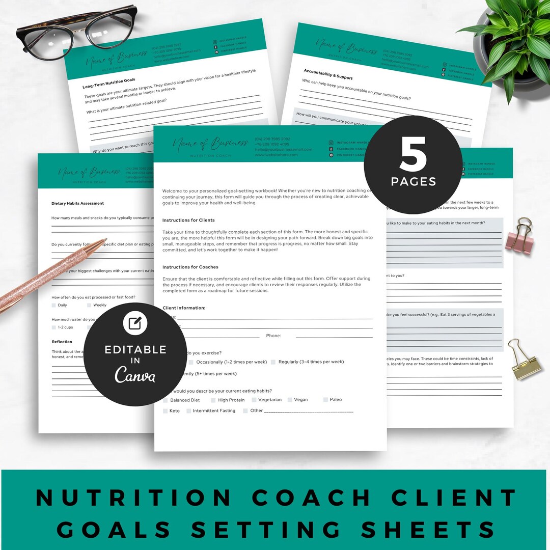 Nutrition Coach Client Goal Setting Form, Wellness Coaching Intake ...