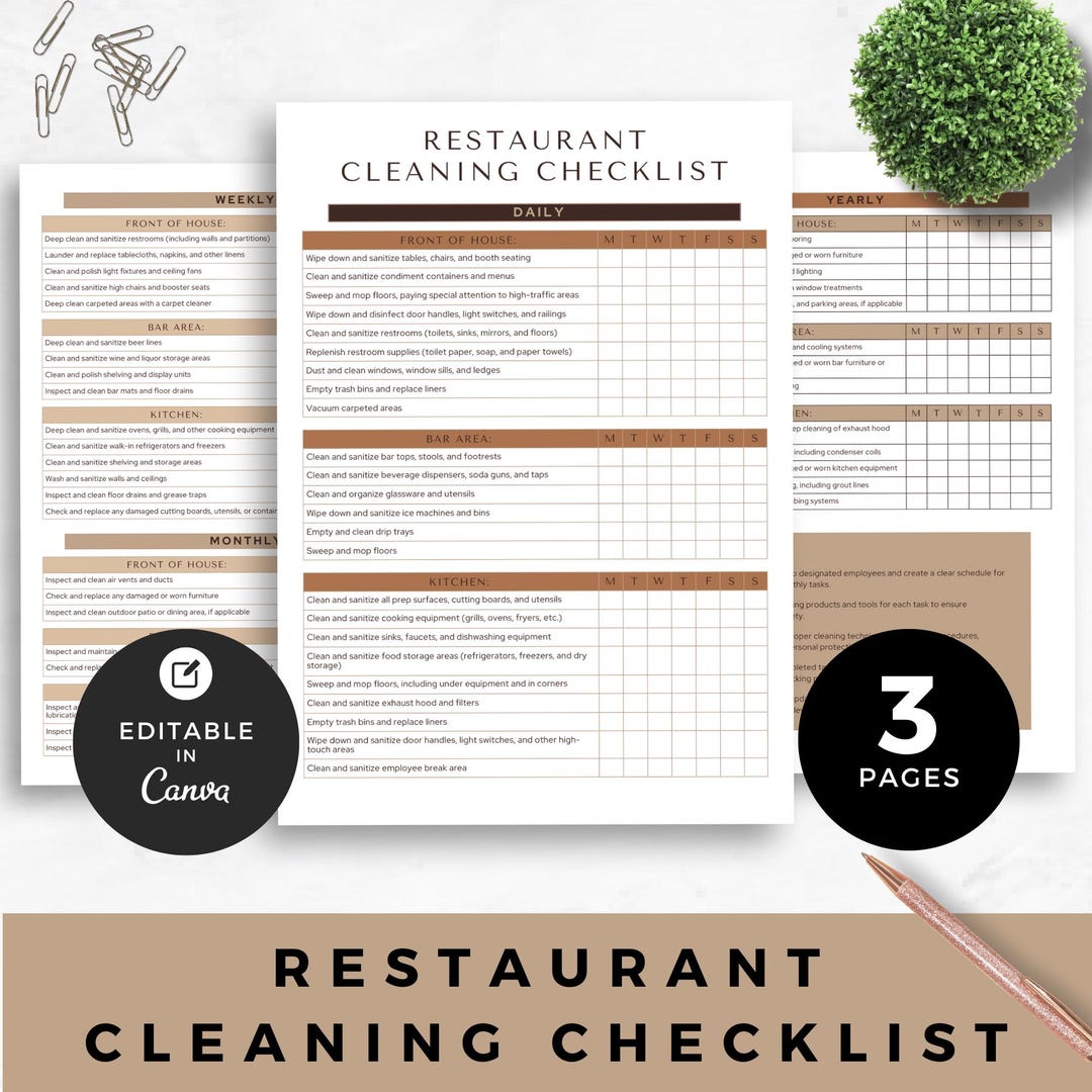 Editable Restaurant Cleaning Checklist | Printable Kitchen & Bar ...