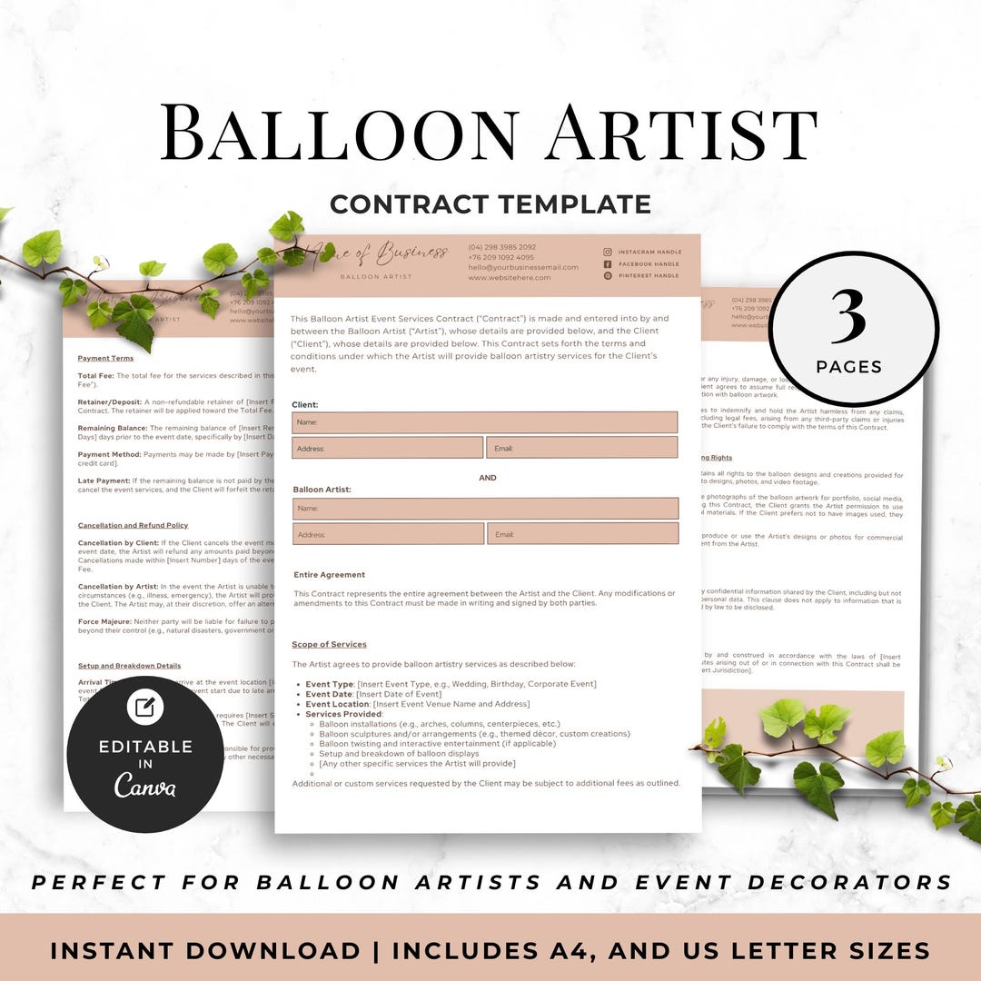Balloon Business Contract, Editable Service Agreement Template for ...