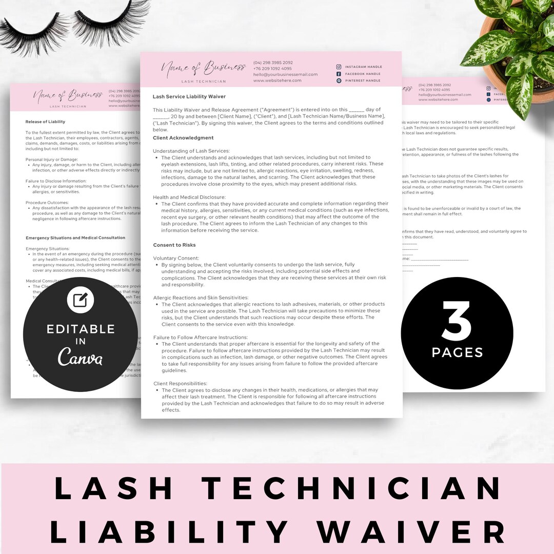 Editable Lash Tech Waiver Template Client Consent Aftercare Form for ...