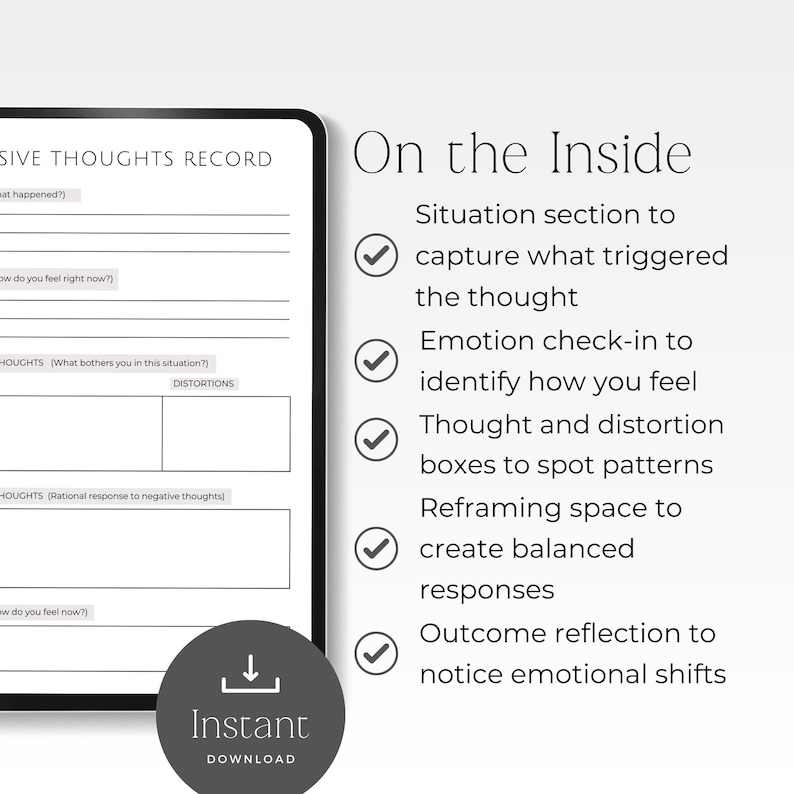 Intrusive Thoughts Worksheet Printable, Minimal CBT Thought Record ...