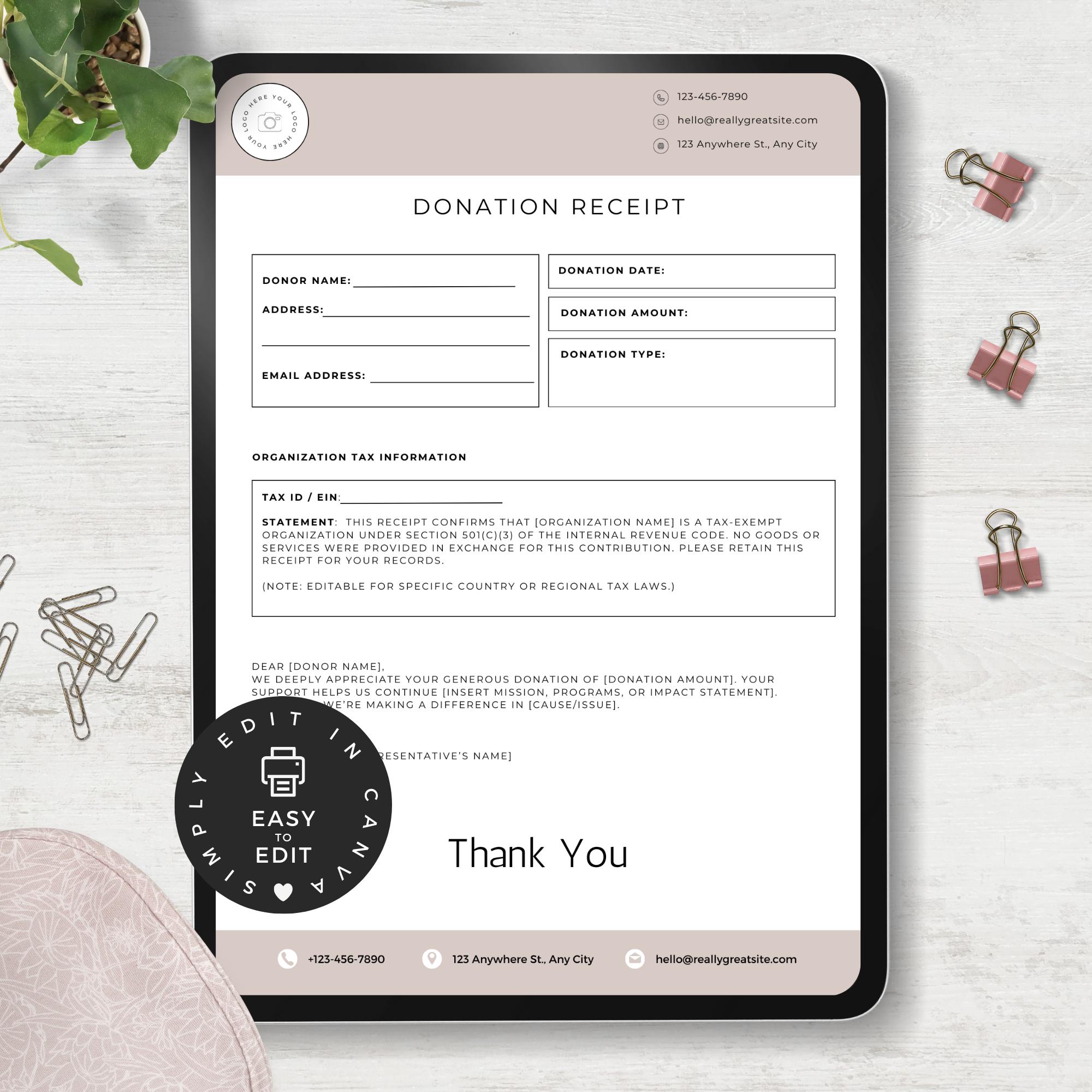 Donation Receipt Template Editable Non Profit Business Form Charity ...