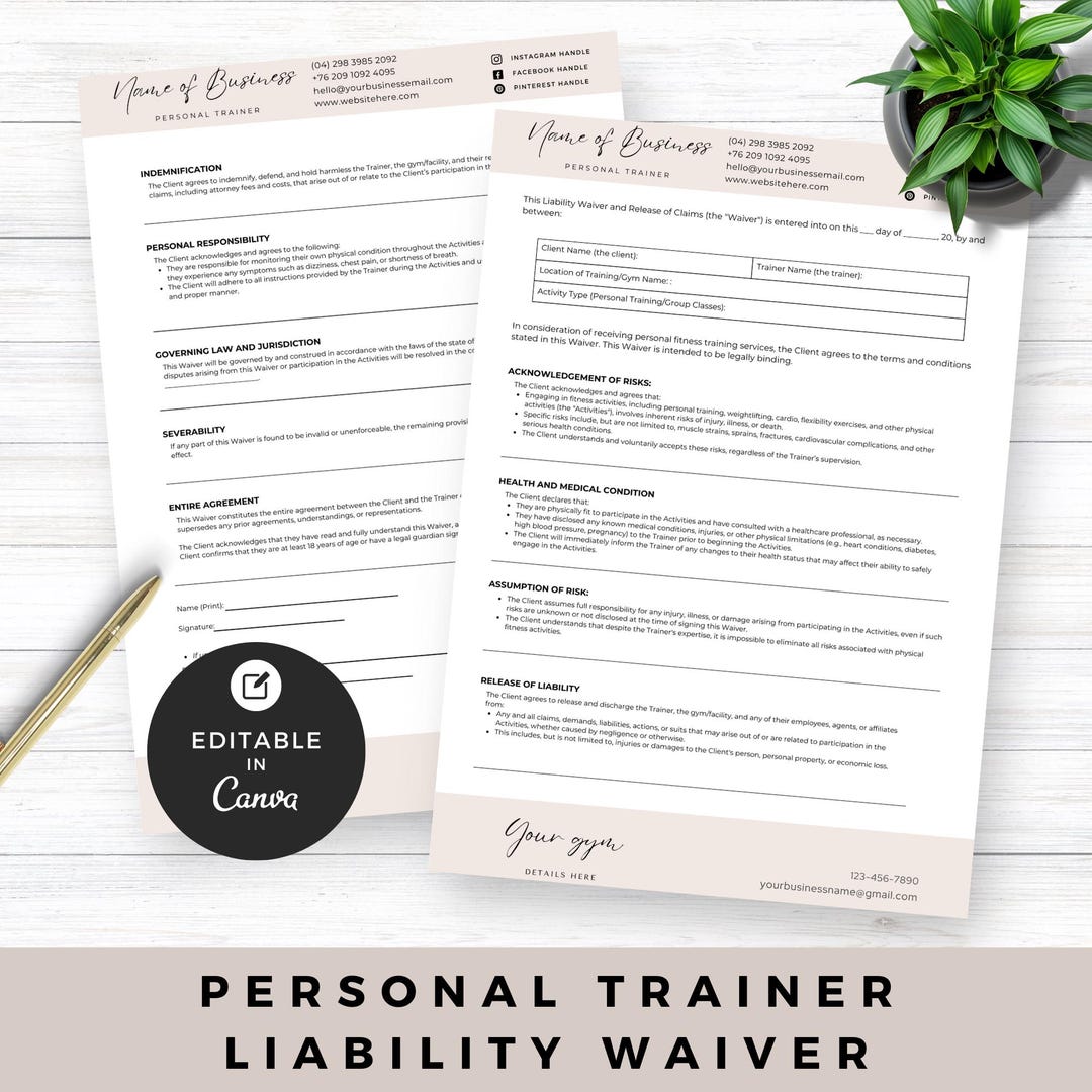 Personal Trainer Liability Waiver Form Editable Fitness Studio Waiver ...