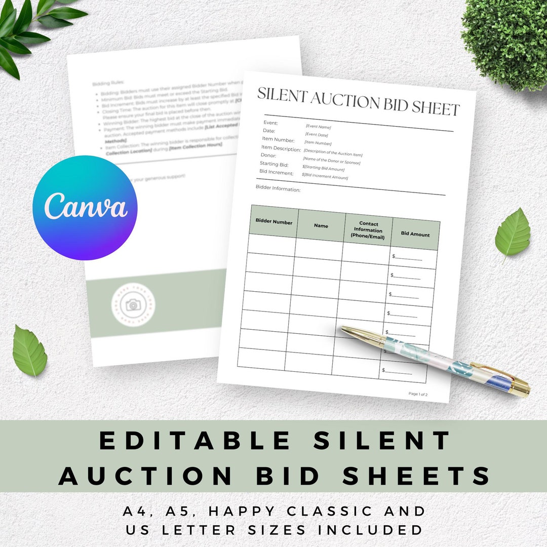 Silent Bid Auction Forms Editable Auctioneer Template Bidding Sheet ...
