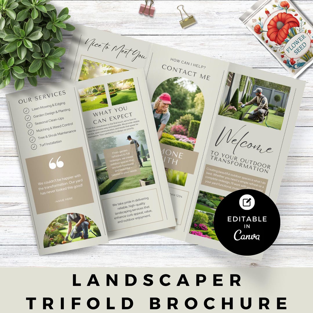 Editable Landscaping Brochure Template for Canva, Lawn Care Trifold ...