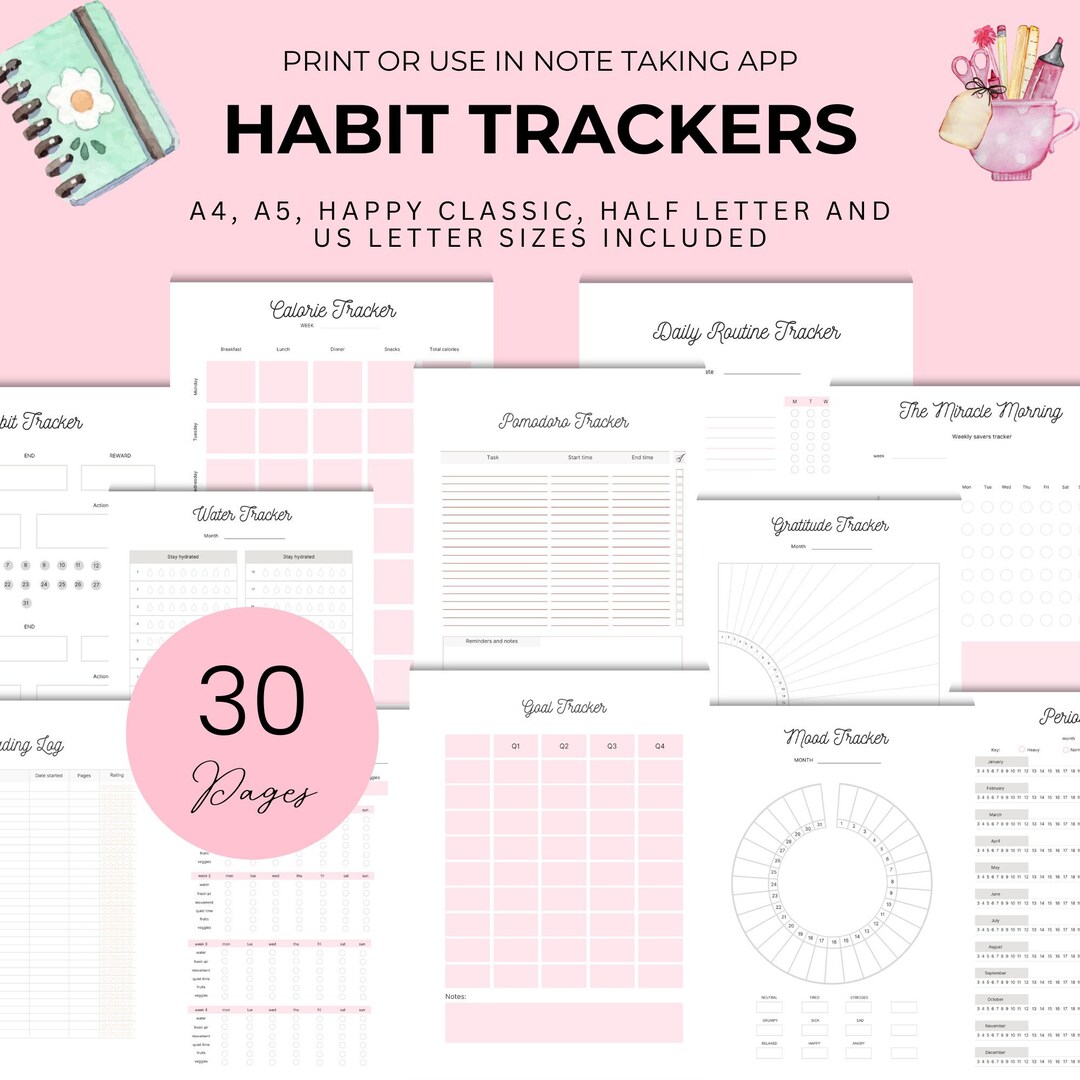 Daily Habit Tracker Bundle Goal Tracker Printable Digital Fitness ...