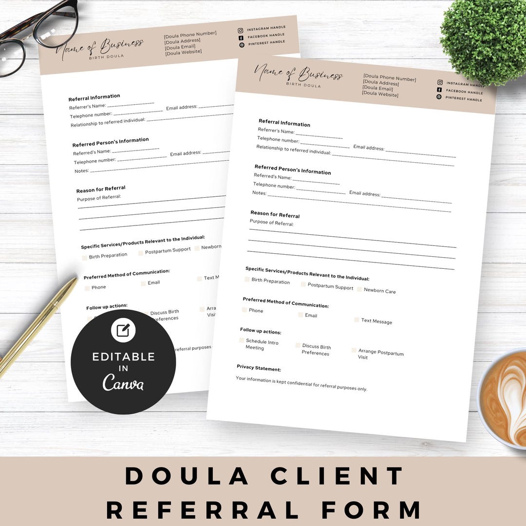 Birth Doula Client Referral Form Template | Printable Doula Intake Form ...