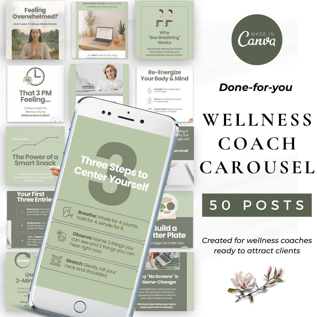Wellness Coach Instagram Carousel Templates, 50 Canva Slides for ...