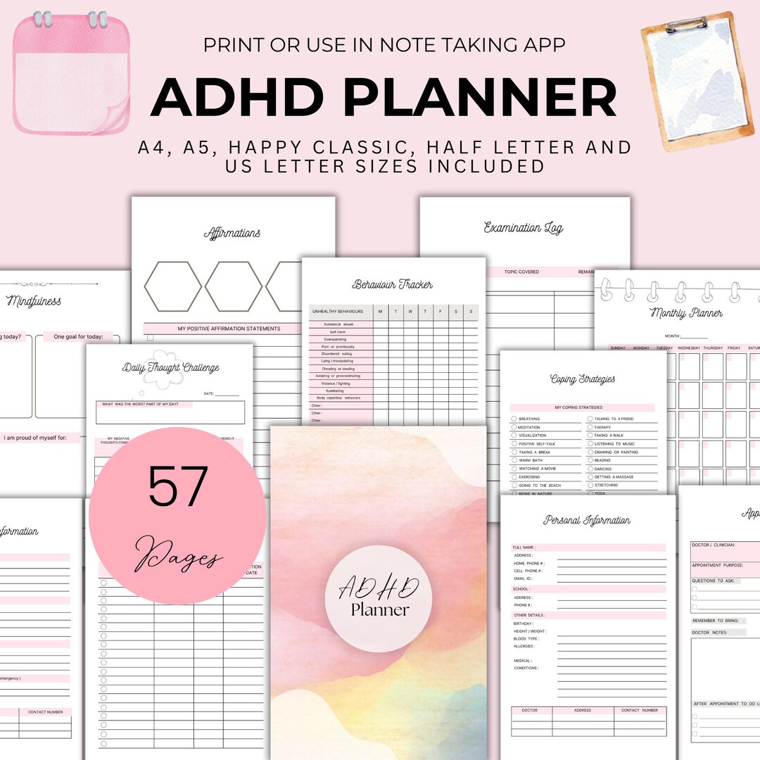 Printable ADHD Planner Adult Journal Digital ADHD Productivity Planner ...