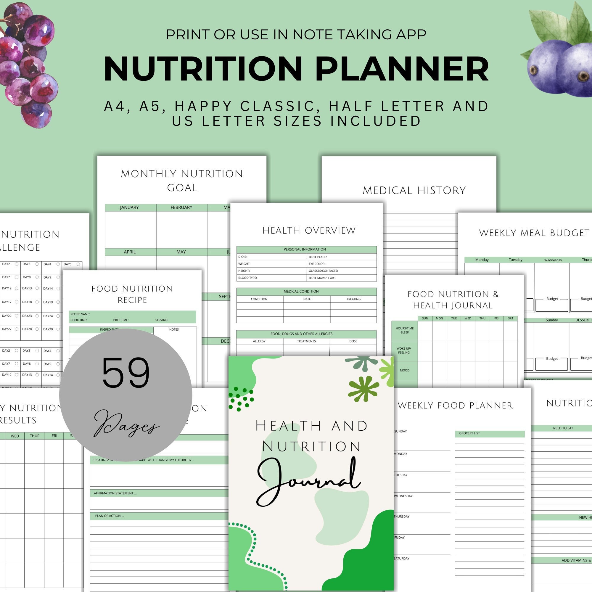 Nutrition Log Printable Planner for Nutrition Tracker Food Log Meal ...