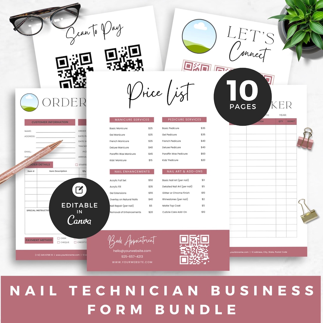 Editable Nail Technician Forms Bundle Canva Business Templates for Nail ...