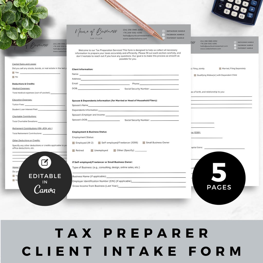 Editable Tax Filer Intake Form Printable Tax Organizer Digital Template ...