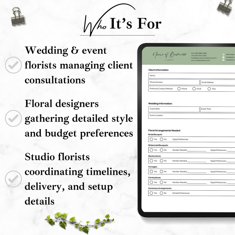 Wedding Florist Consultation Form Template Floral Design Planning Guide ...
