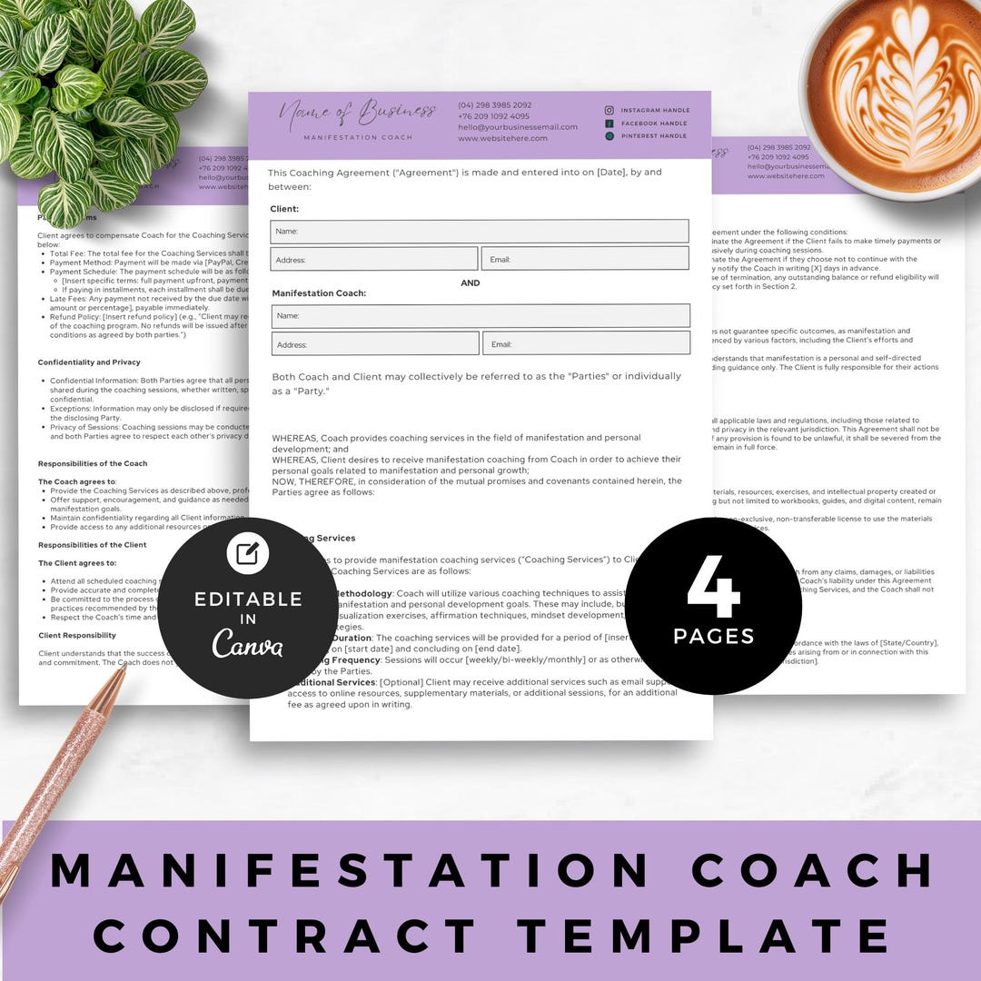 Manifestation Coach Contract Template Editable Manifestation Coaching ...