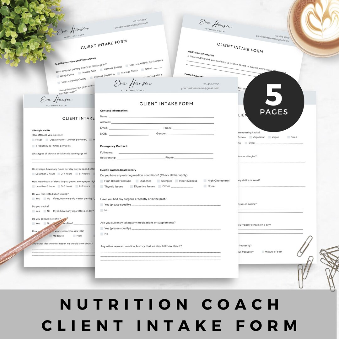 Nutrition Coach Client Intake Form & Food Coaching Agreement Template ...