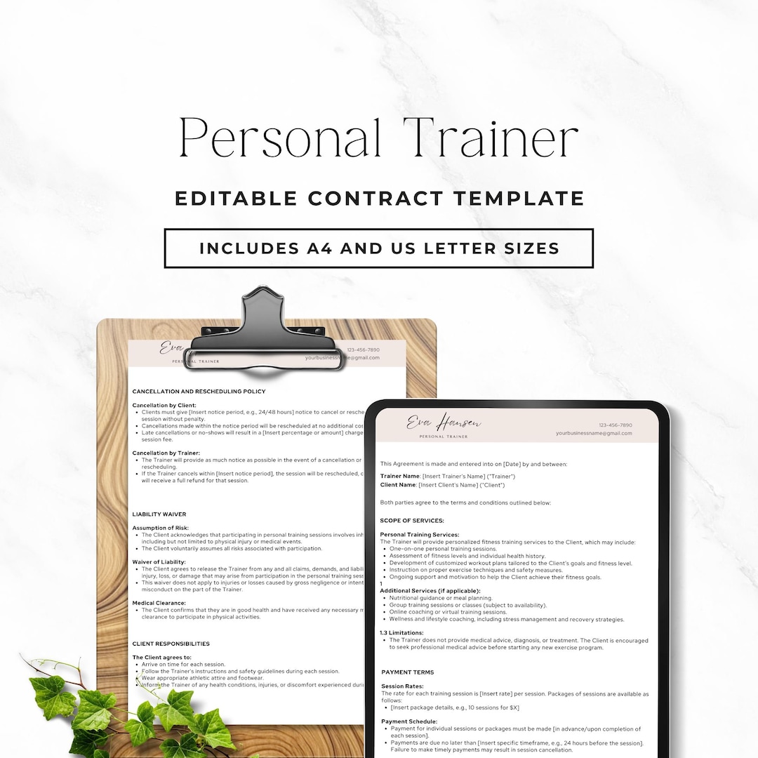 Personal Trainer Contract Template Editable Fitness Agreement Form for ...