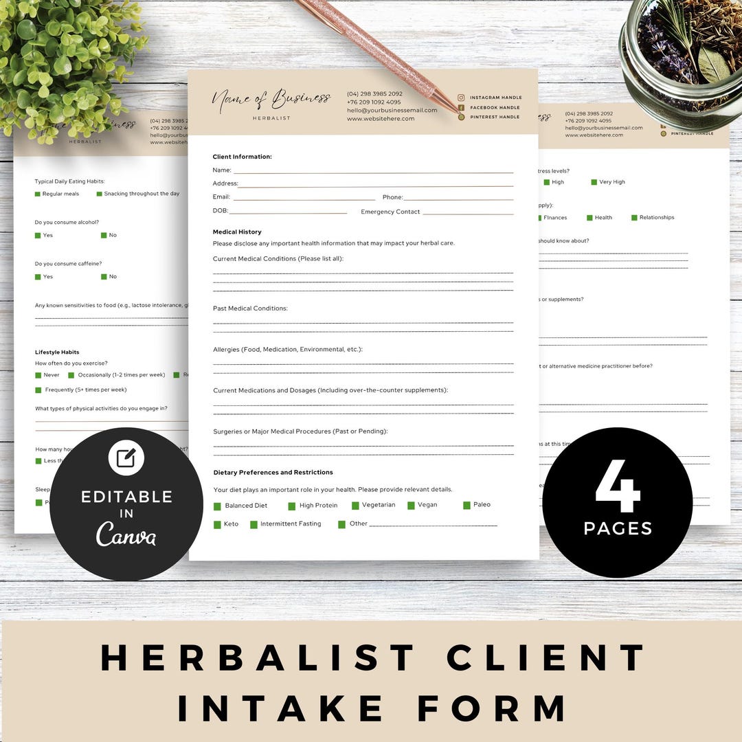Herbalist Client Intake Form Editable Herbalism Client Form Materia ...