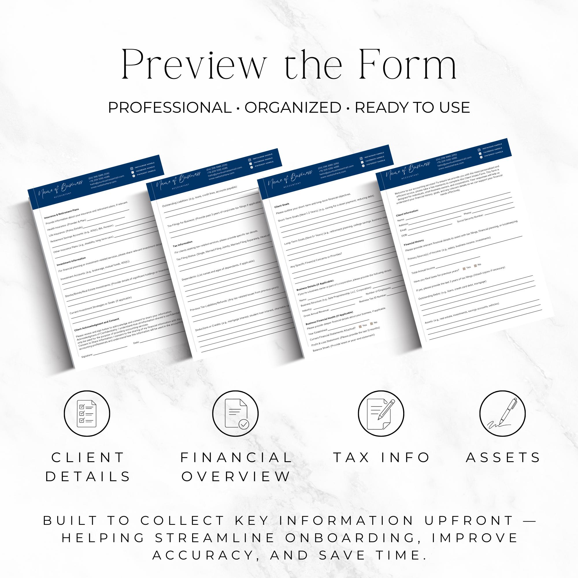 Accountant Client Intake Form Template, Editable Bookkeeping Client ...
