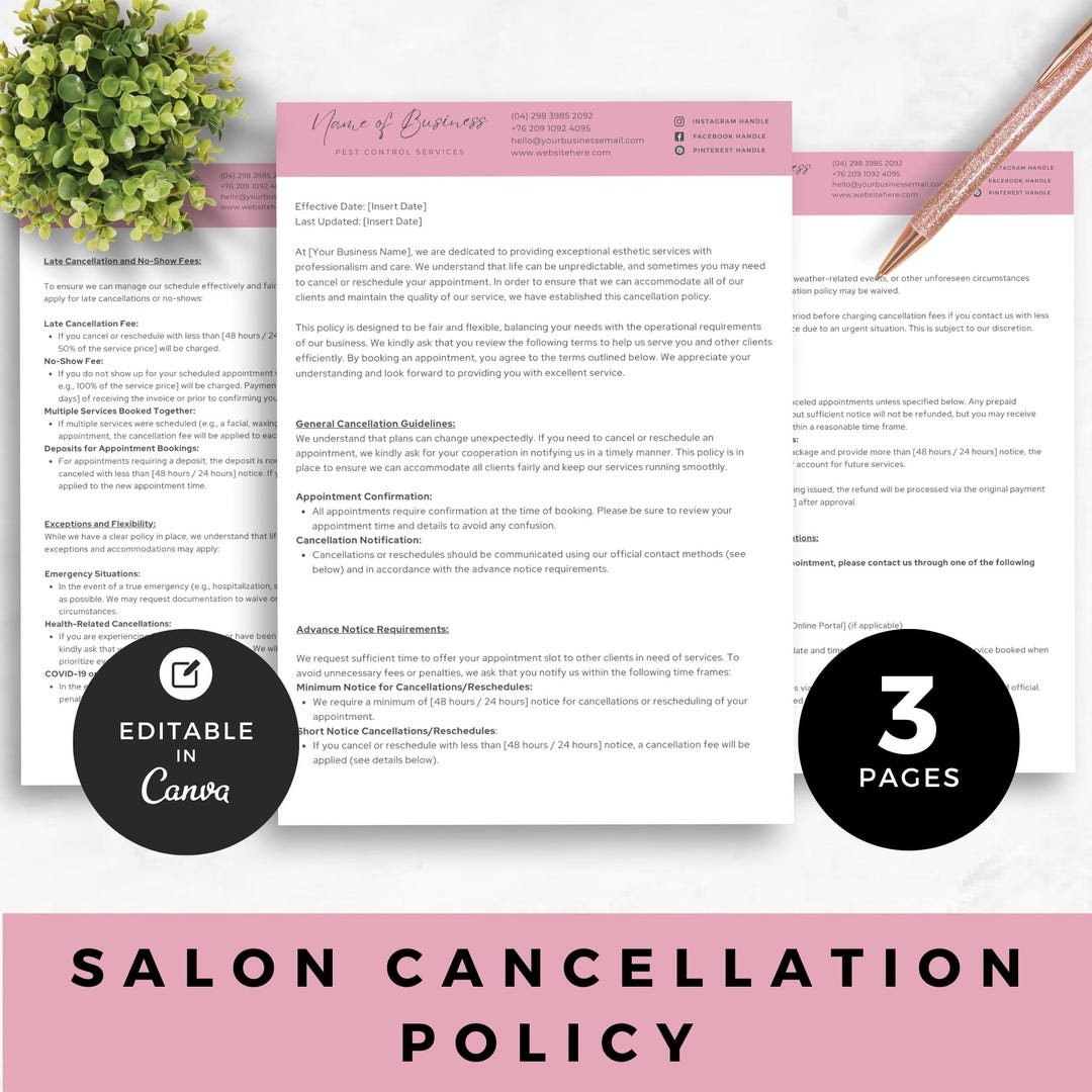 Salon Cancellation Policy Template Editable Esthetician Refund Policy ...