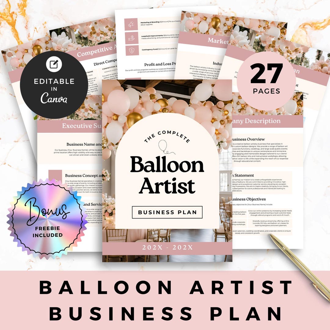 Balloon Artist Business Plan Template, Editable Canva Template for ...