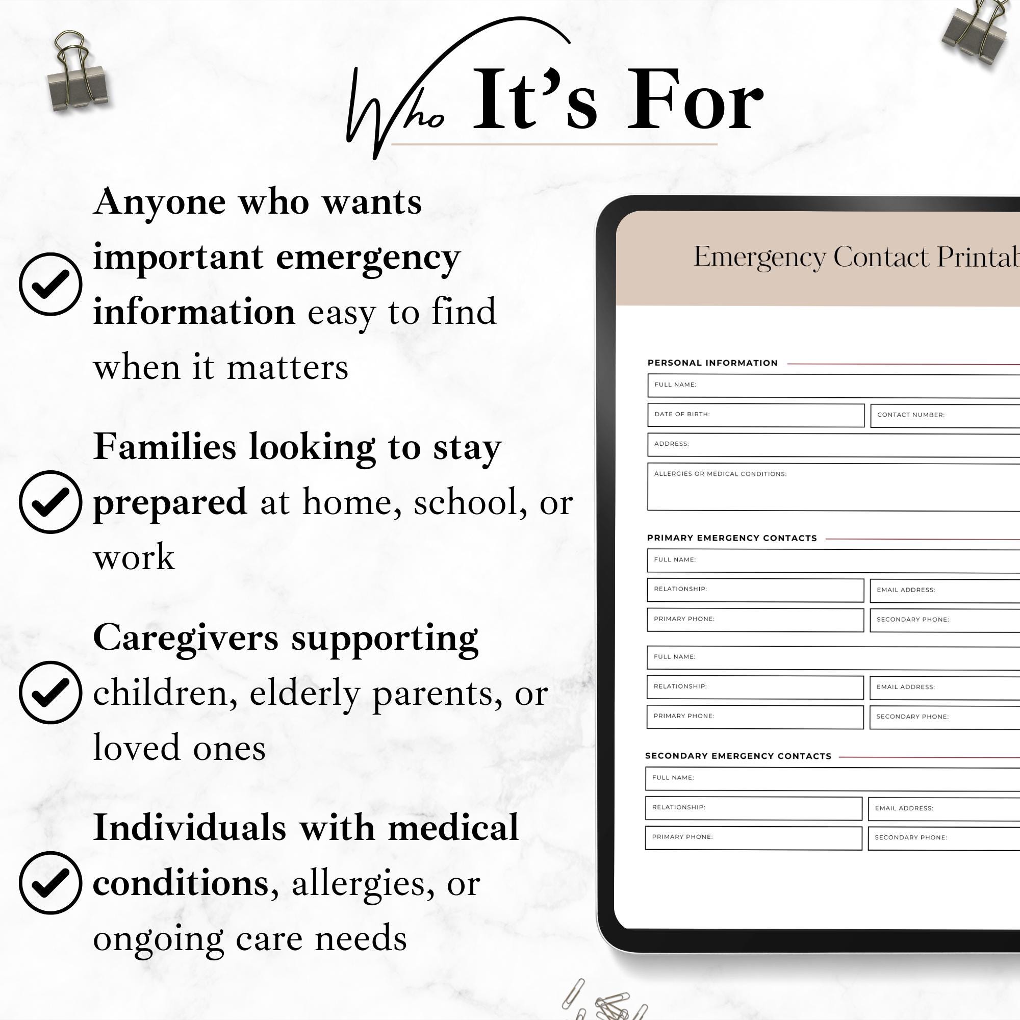 Medical Contact Emergency Form, Family Info Worksheet, Printable ...