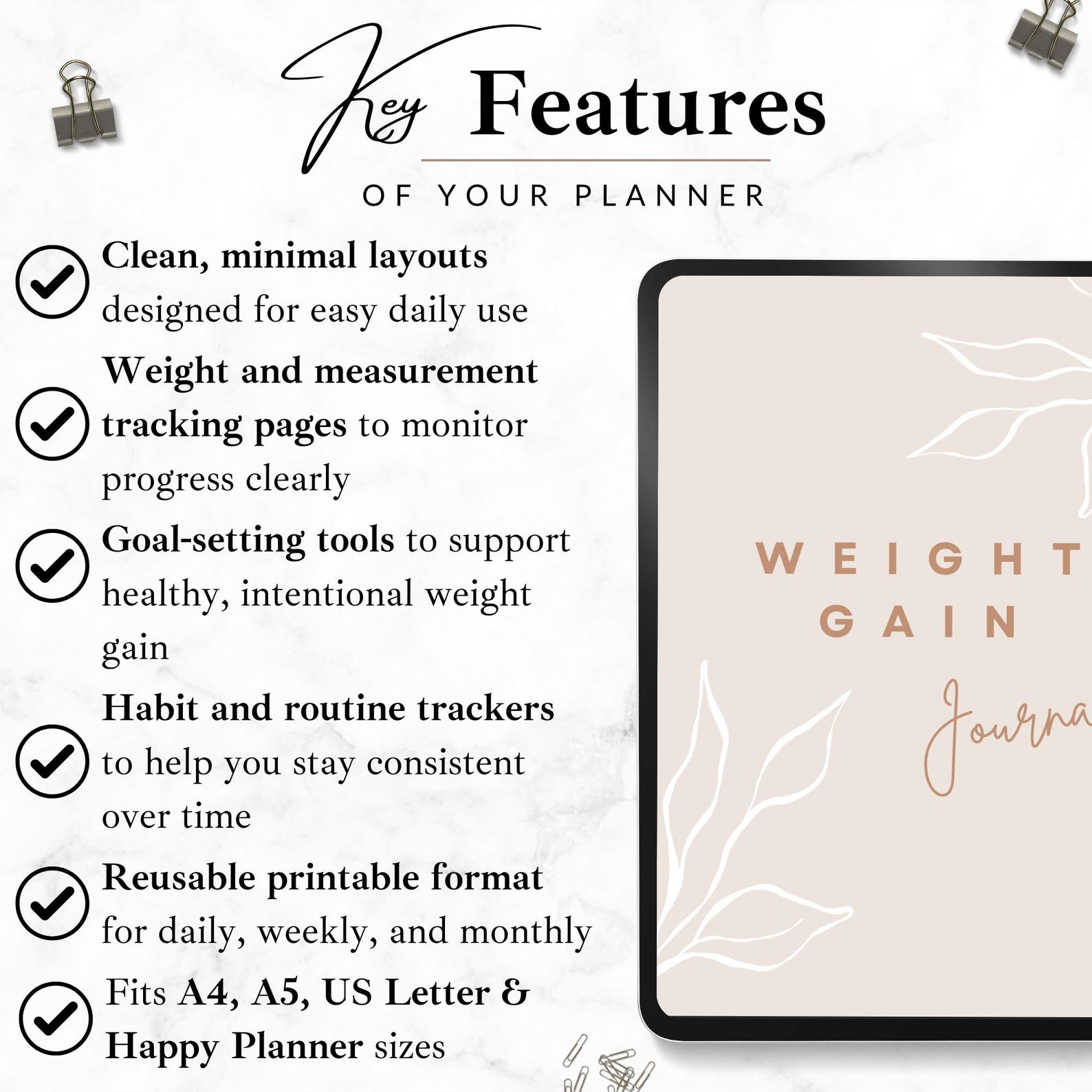 Weight Gain Journal Printable Workout Tracker Body Measurement Log Meal ...