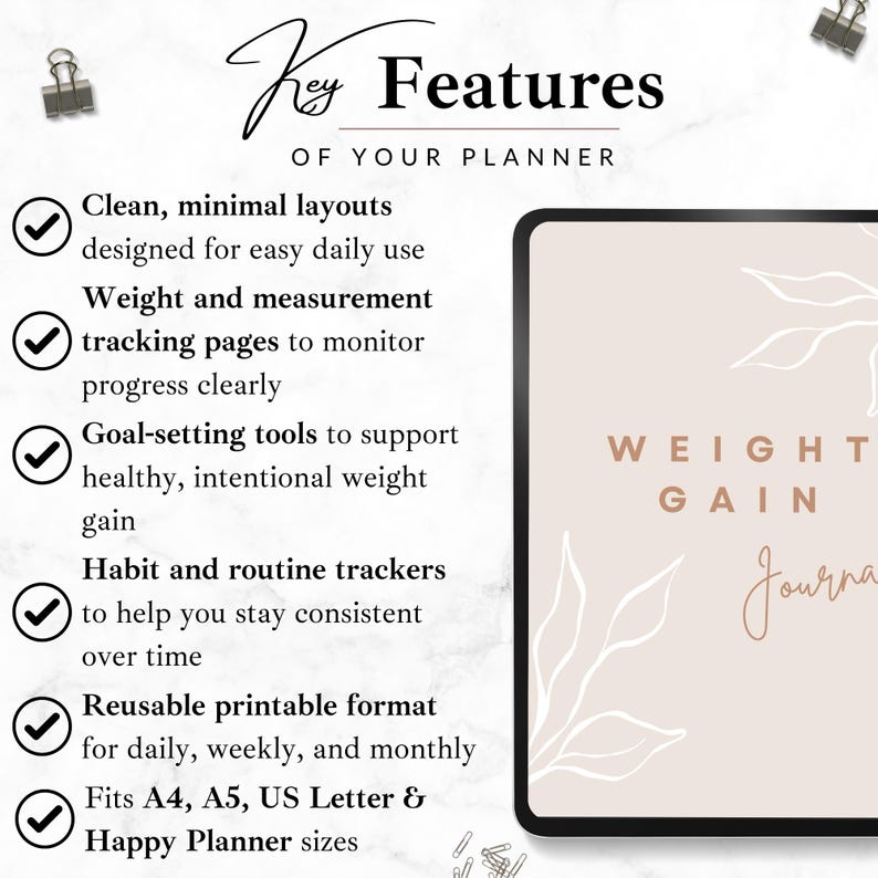 Weight Gain Journal Printable Workout Tracker Body Measurement Log Meal ...