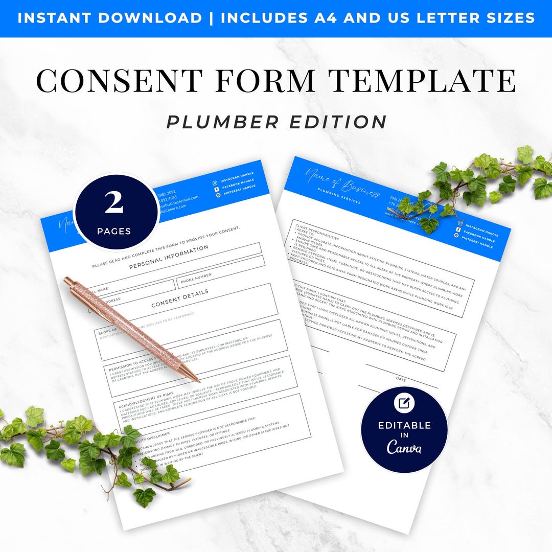 Plumber Consent Form, Plumbing Consent Agreement, Business Docs for ...